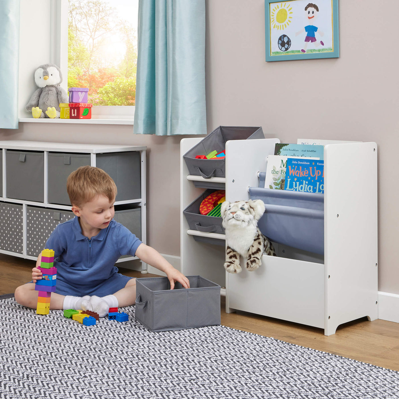 Pay Smart Home | Kids White Display Unit With Fabric Storage Boxes