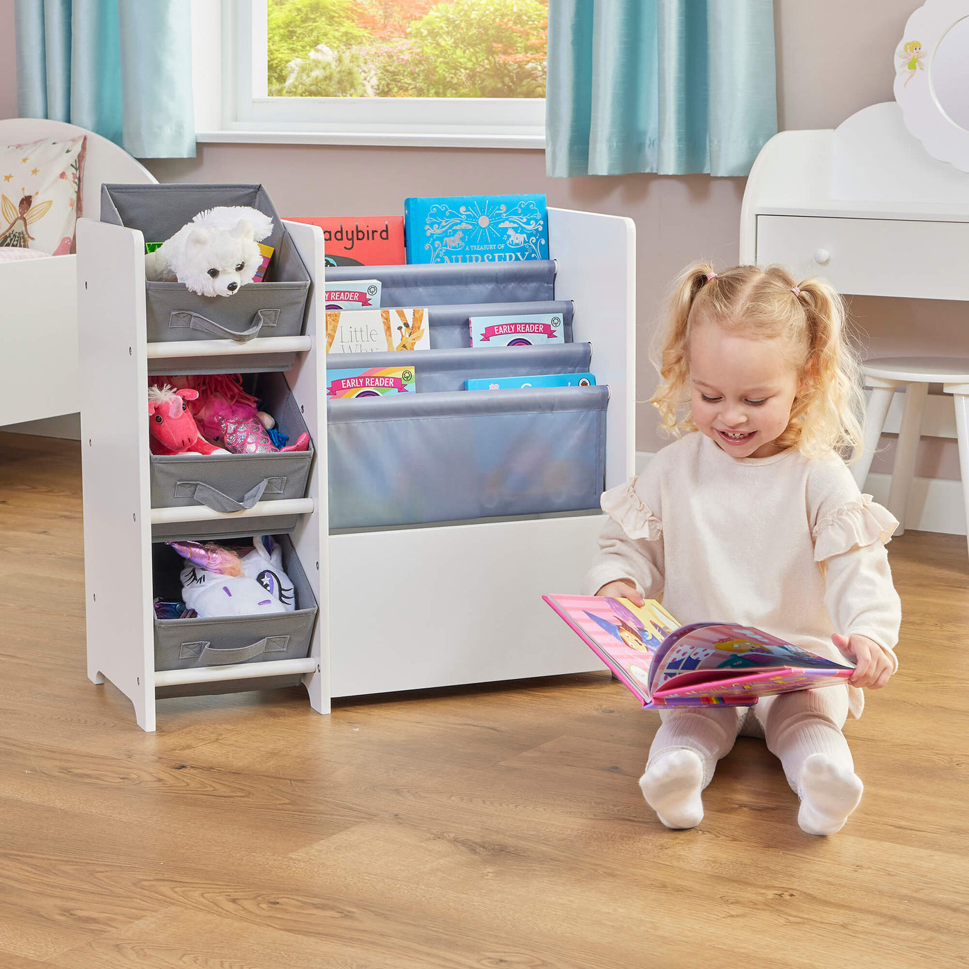 Pay Smart Home | Kids White Display Unit With Fabric Storage Boxes